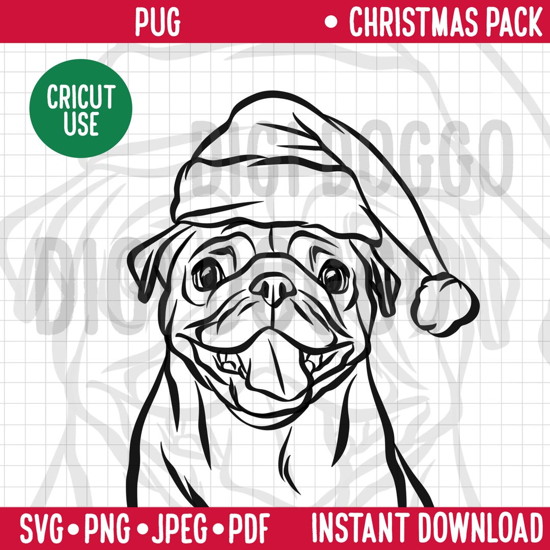 Pug Outline Christmas Svg/dog Breed Line Portrait Clipart/cute Pug ...