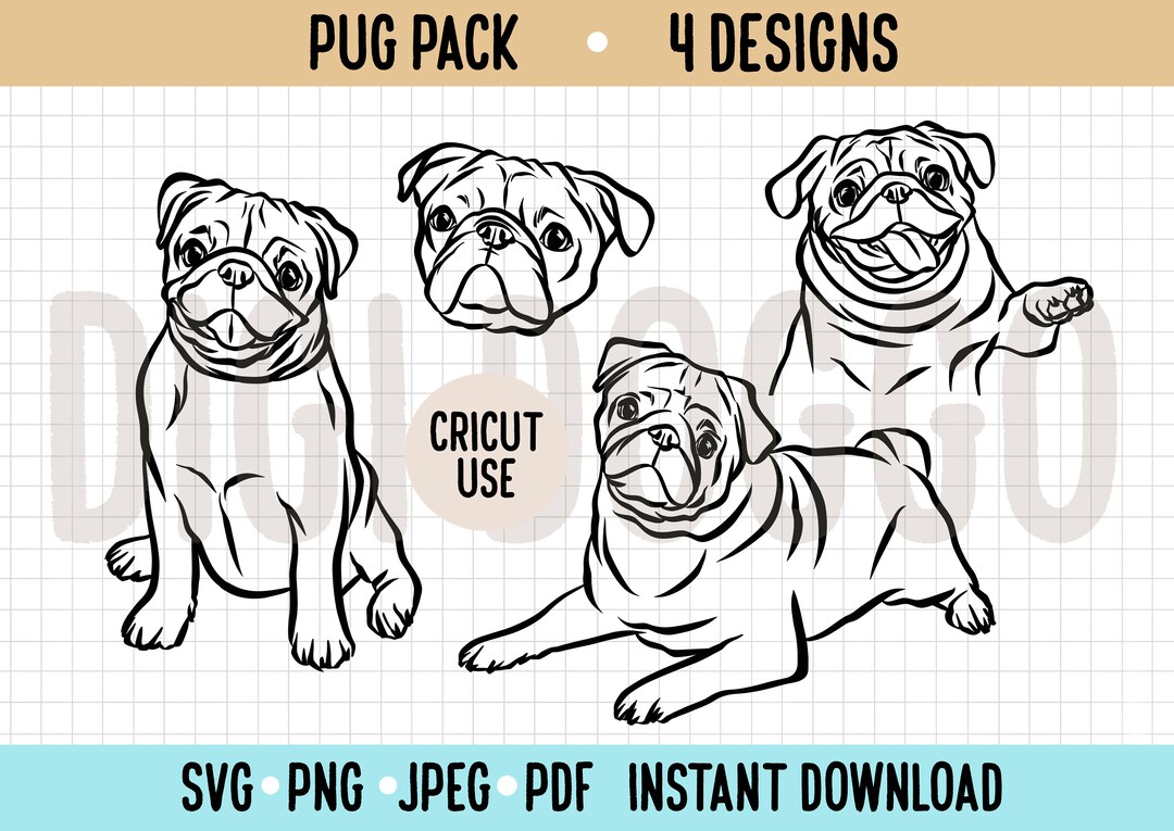 Pug Outline SVG Line Art Clipart Cricut Cut File digital Download