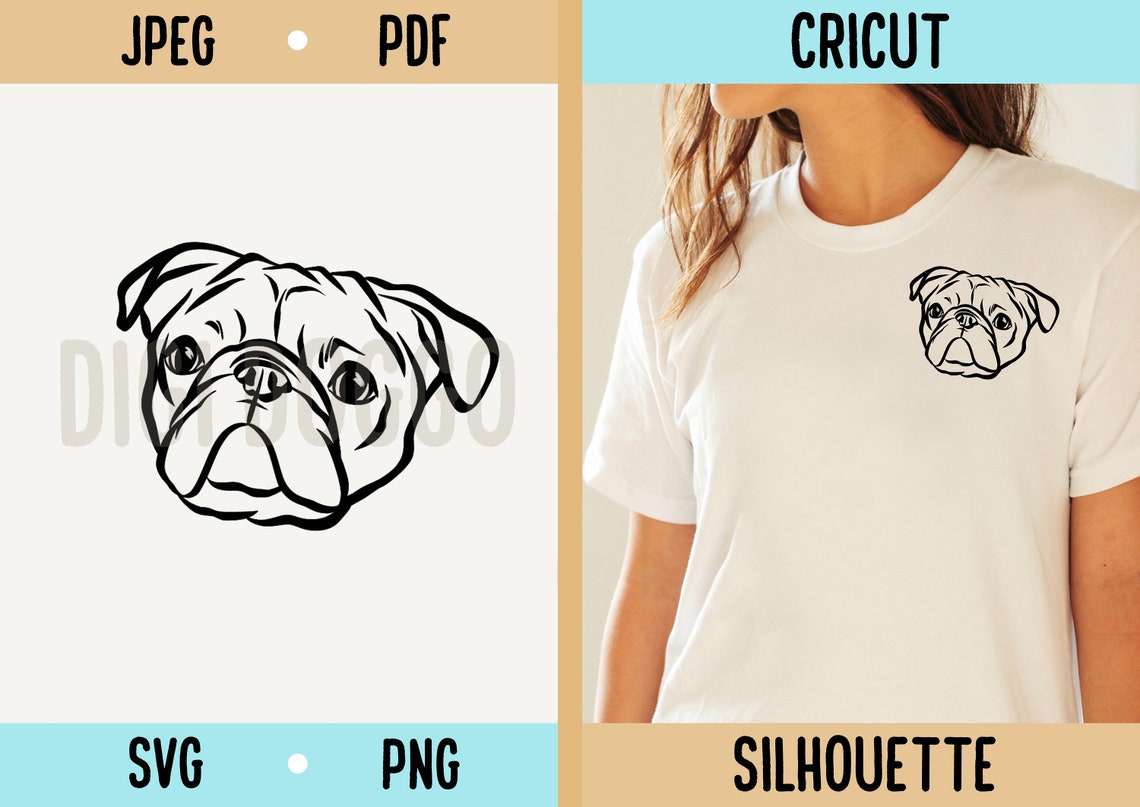 Pug Outline SVG: Line Art Clipart, Cricut Cut File (digital Download ...