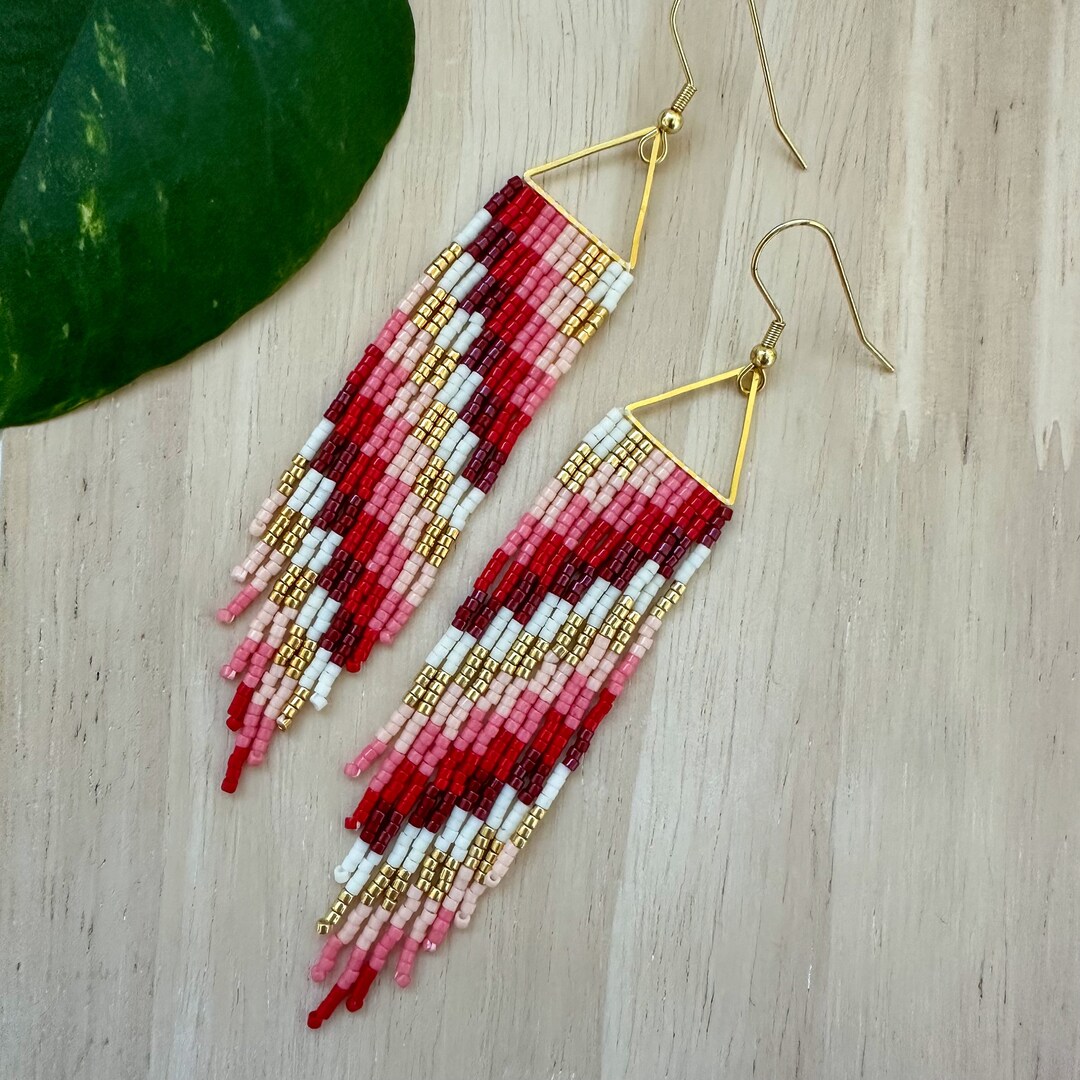 Beaded White, Pink, Red and Gold Fringe Dangle Checkered Earrings on ...