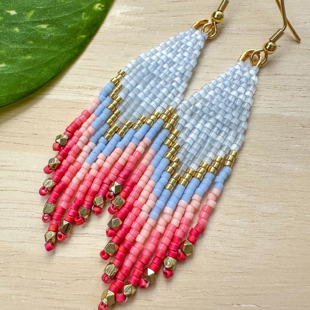 Beaded White, Blue and Gold Fringe Dangle Earrings on Brass - Etsy