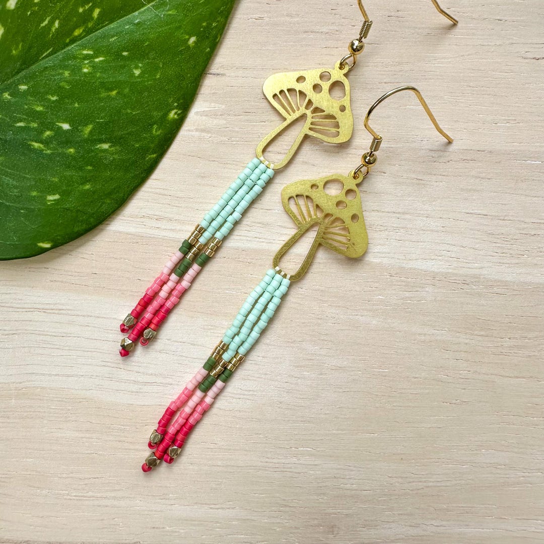 Beaded Mint, Green, Pink, and Gold Fringe Dangle Earrings on Brass - Etsy