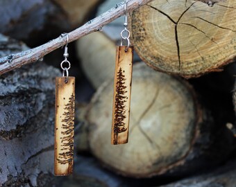 Pine Tree Teardrop Wooden Earrings | Etsy