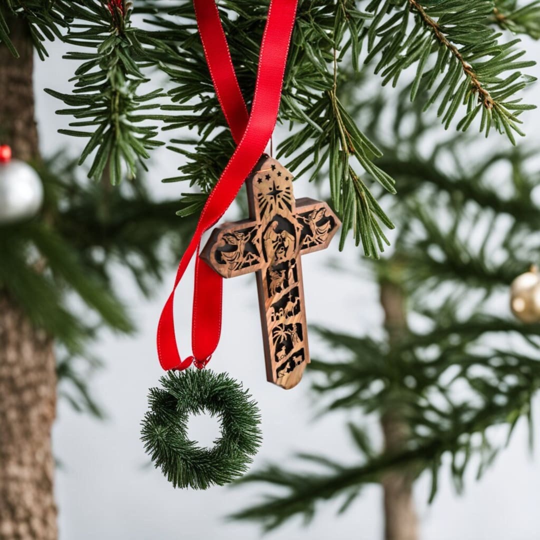 Christmas Nativity Scene Cross Ornament, Olive Wood Cross Shape ...
