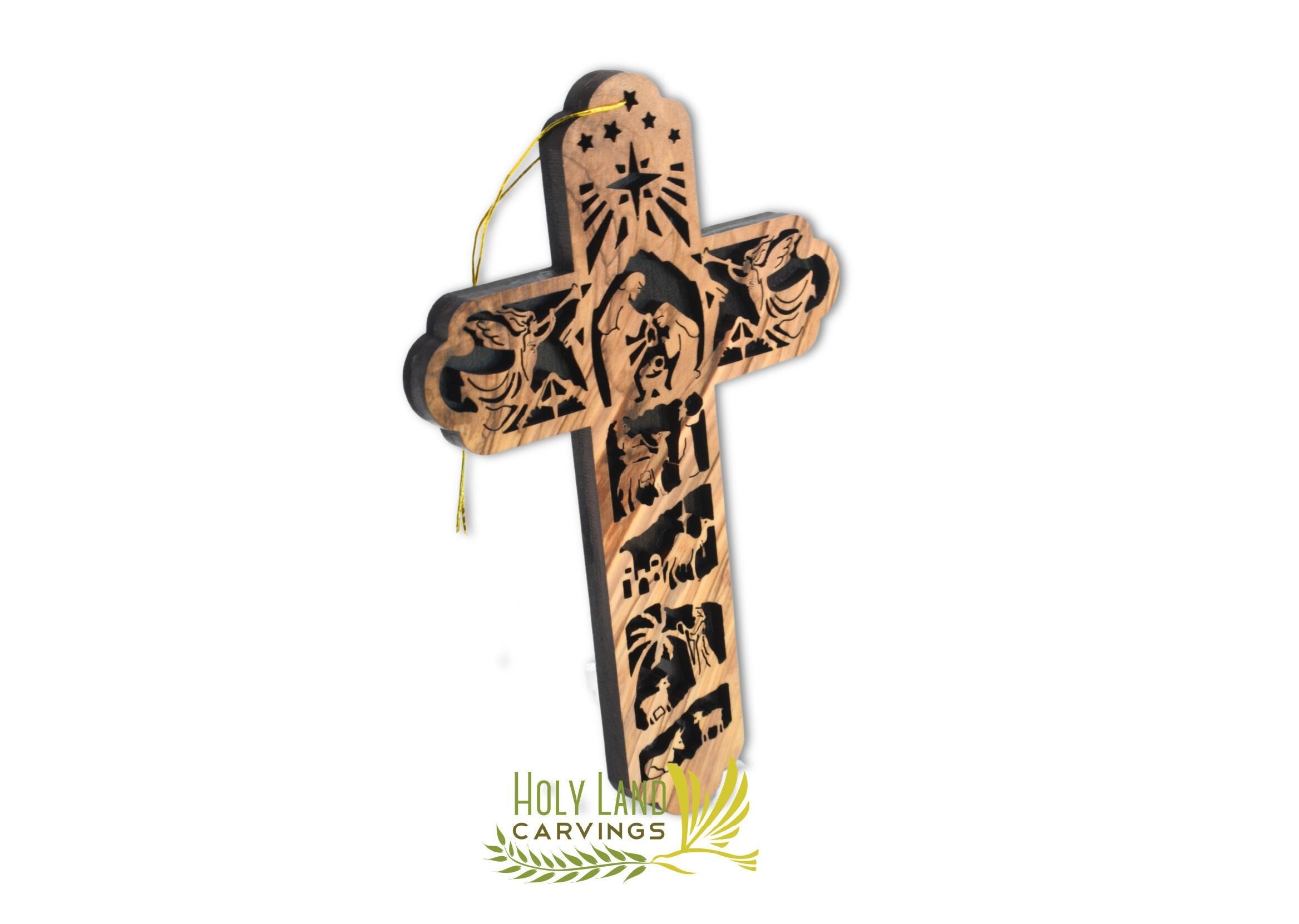 Christmas Nativity Scene Cross Ornament, Olive Wood Cross Shape ...