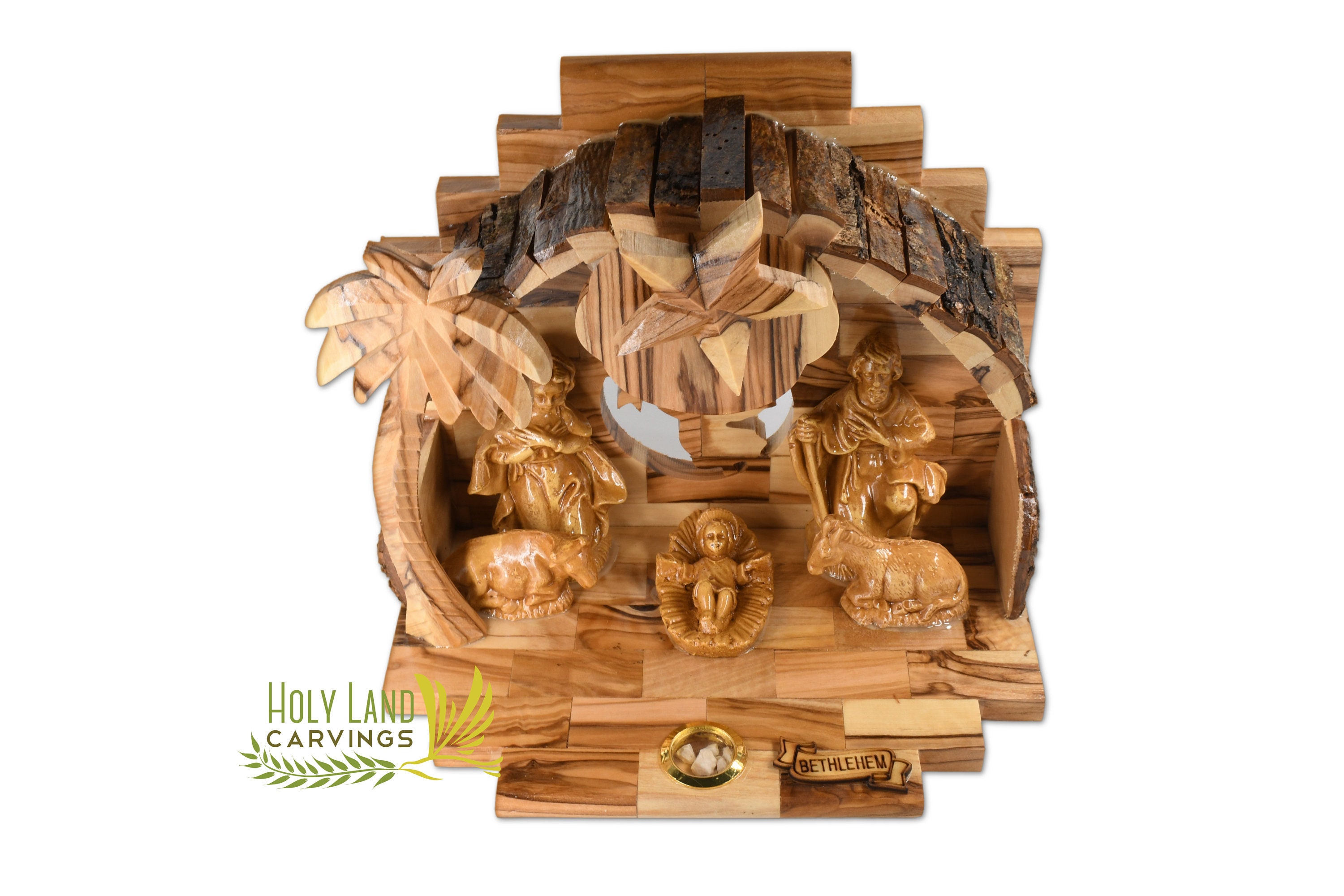 Wooden Nativity Set With Bark Roof Made of Olive Wood in the Holy Land ...