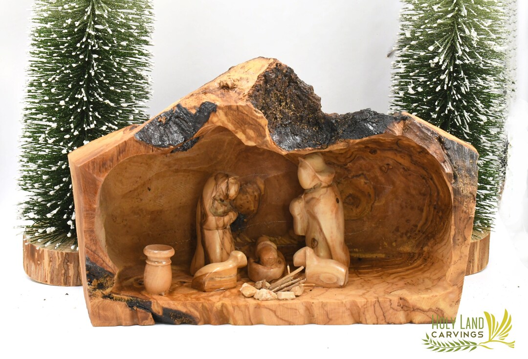 Nativity Scene in Manger Carved Inside of a Solid Piece of Olive Wood ...