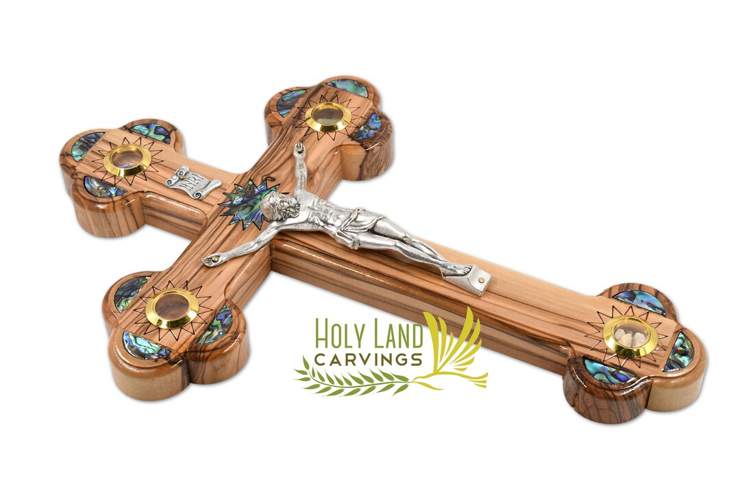 11 Inch Mother of Pearl & Olive Wood Cross Crucifix 4 Lenses With ...