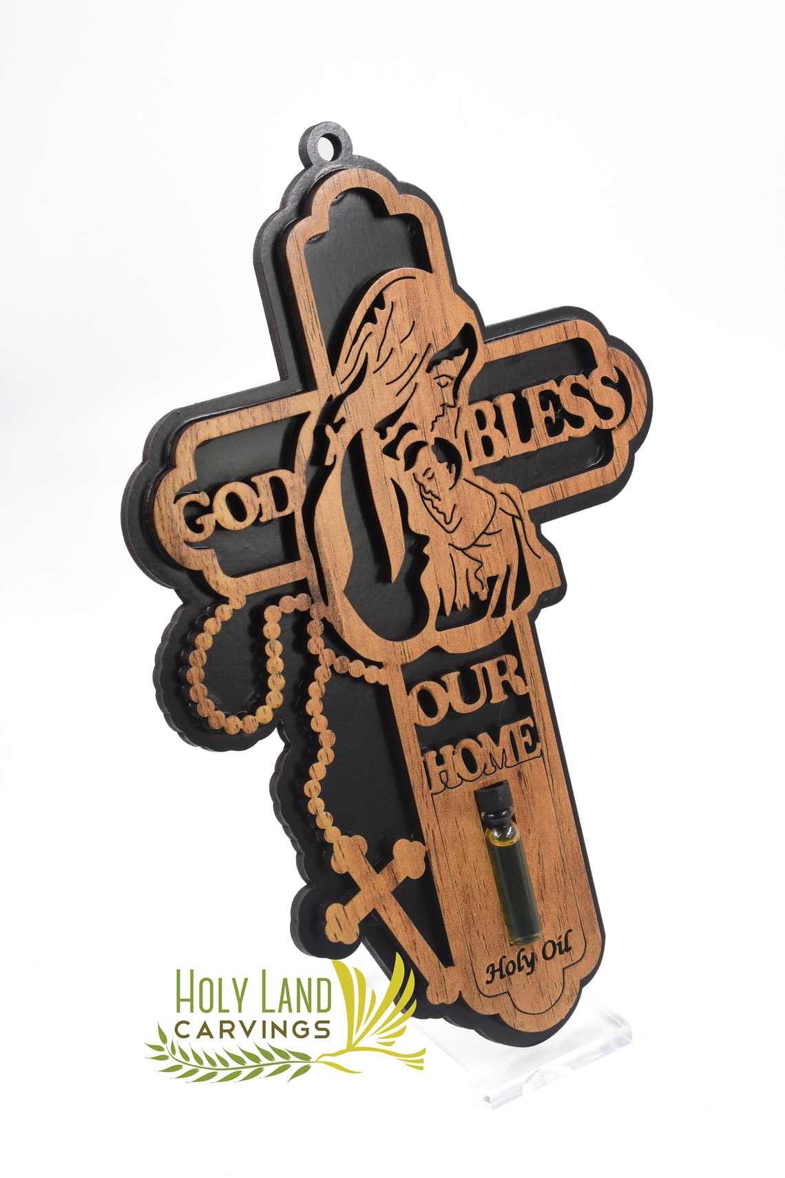 Wooden Cross Virgin Mary Holding Baby Jesus With Holy Rosary & Oil ...