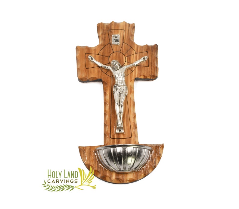 Olive Wood Cross, Wall Crucifix With Holy Water Holder, Home Blessing ...