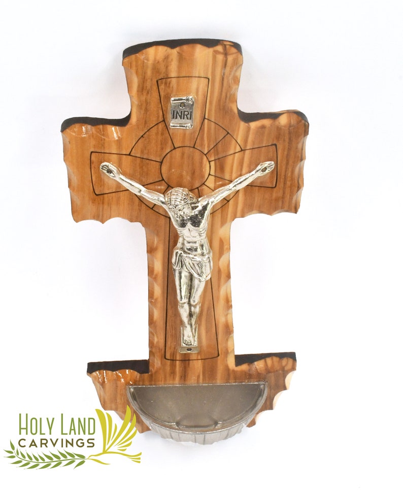 Olive Wood Cross, Wall Crucifix With Holy Water Holder, Home Blessing ...