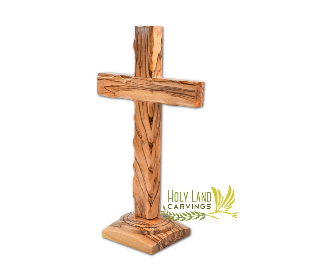 9" Standing Cross Décor, Olive Wood Cross on Stand Made in the Holy ...