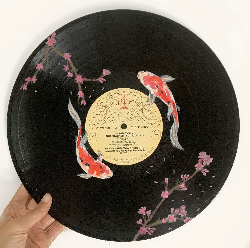 Hand Painted 12” Vinyl Record Koi Fish Blossom Design - Etsy