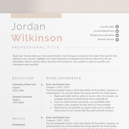 One Page Resume Template Google Docs Mac Pages Word Cv - Etsy