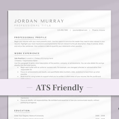 ATS Friendly Resume Template Word Google Docs Apple Pages - Etsy