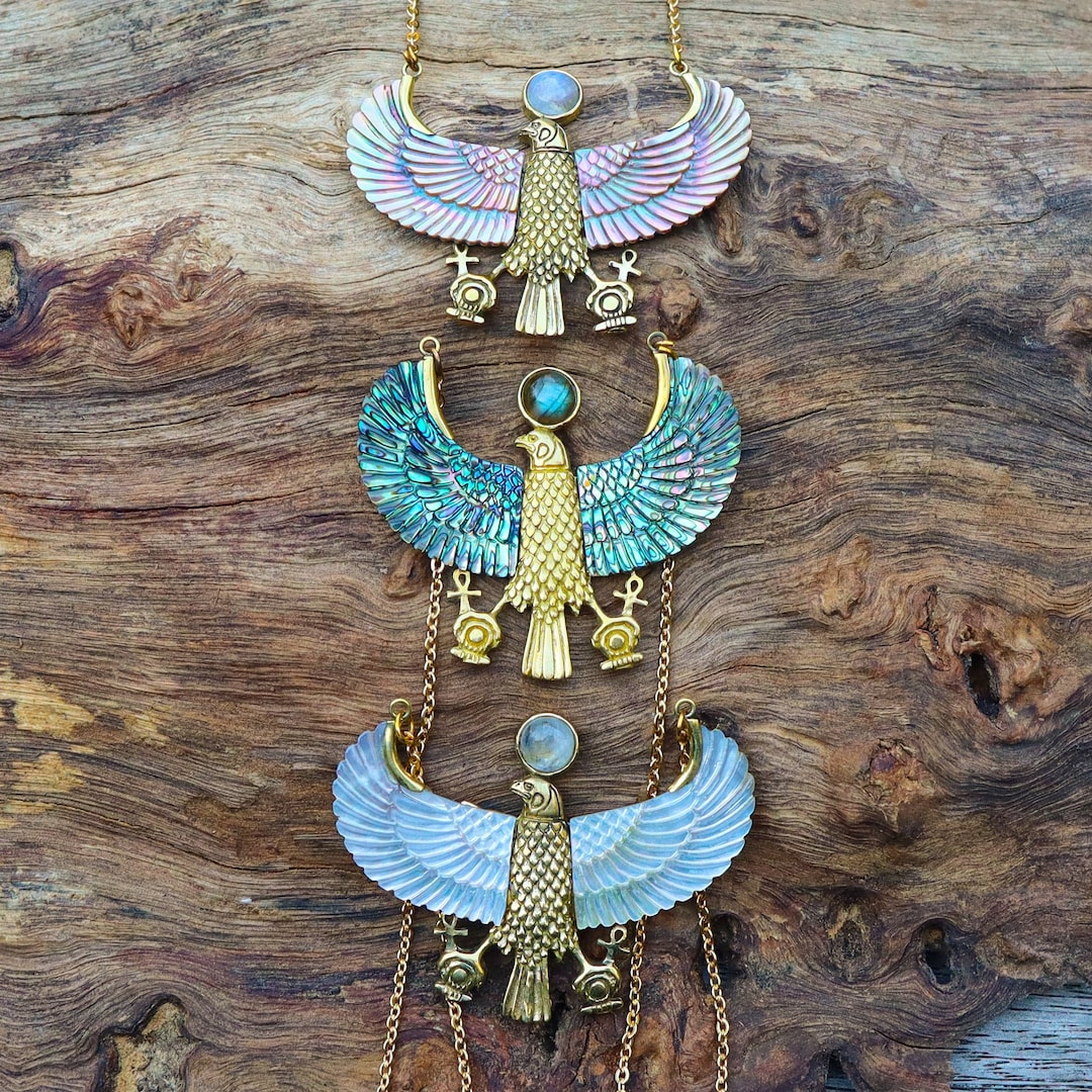 Horus Necklace Abalone Winged Pendant Egyptian God Jewelry Pink Pearl ...