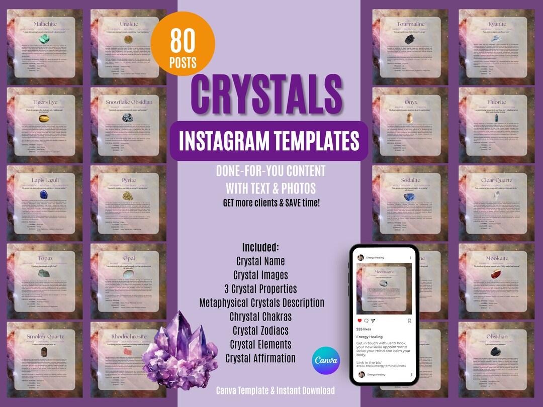 Crystal Healing Instagram Posts, Crystal Cards, Social Media Templates ...