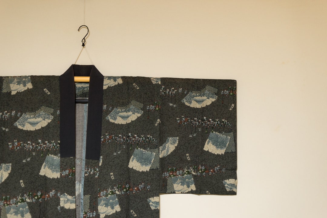 Vintage Japanese Juban Kimono Scenic Pilgrimage on Aged Texture Pattern ...