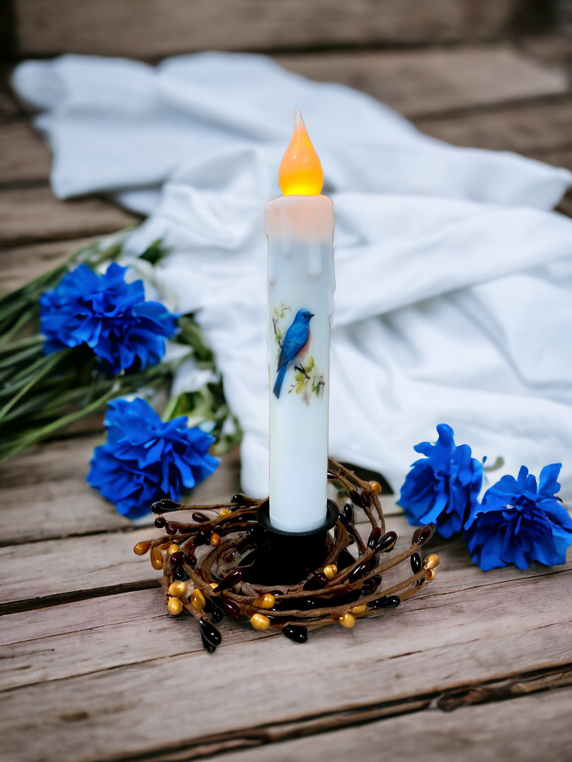 Blue Bird Taper Candle & Taper Holder Set - Primitive 7" Battery ...