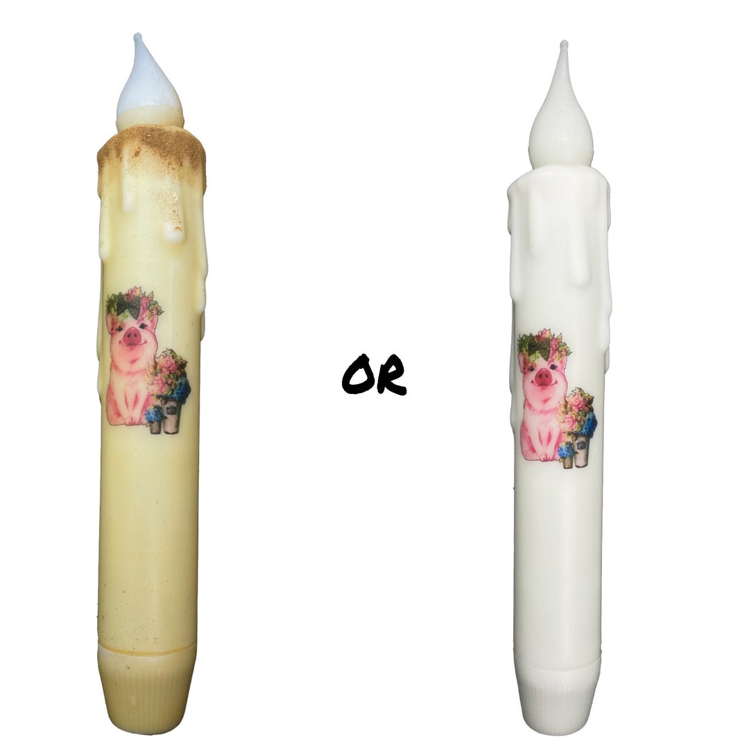 Pig Taper Candle & Taper Holder Set - Primitive 7" Battery Operated LED ...
