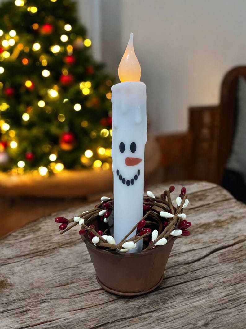 Snowman Face Taper Candle & Taper Holder Set - Primitive 7" Battery ...