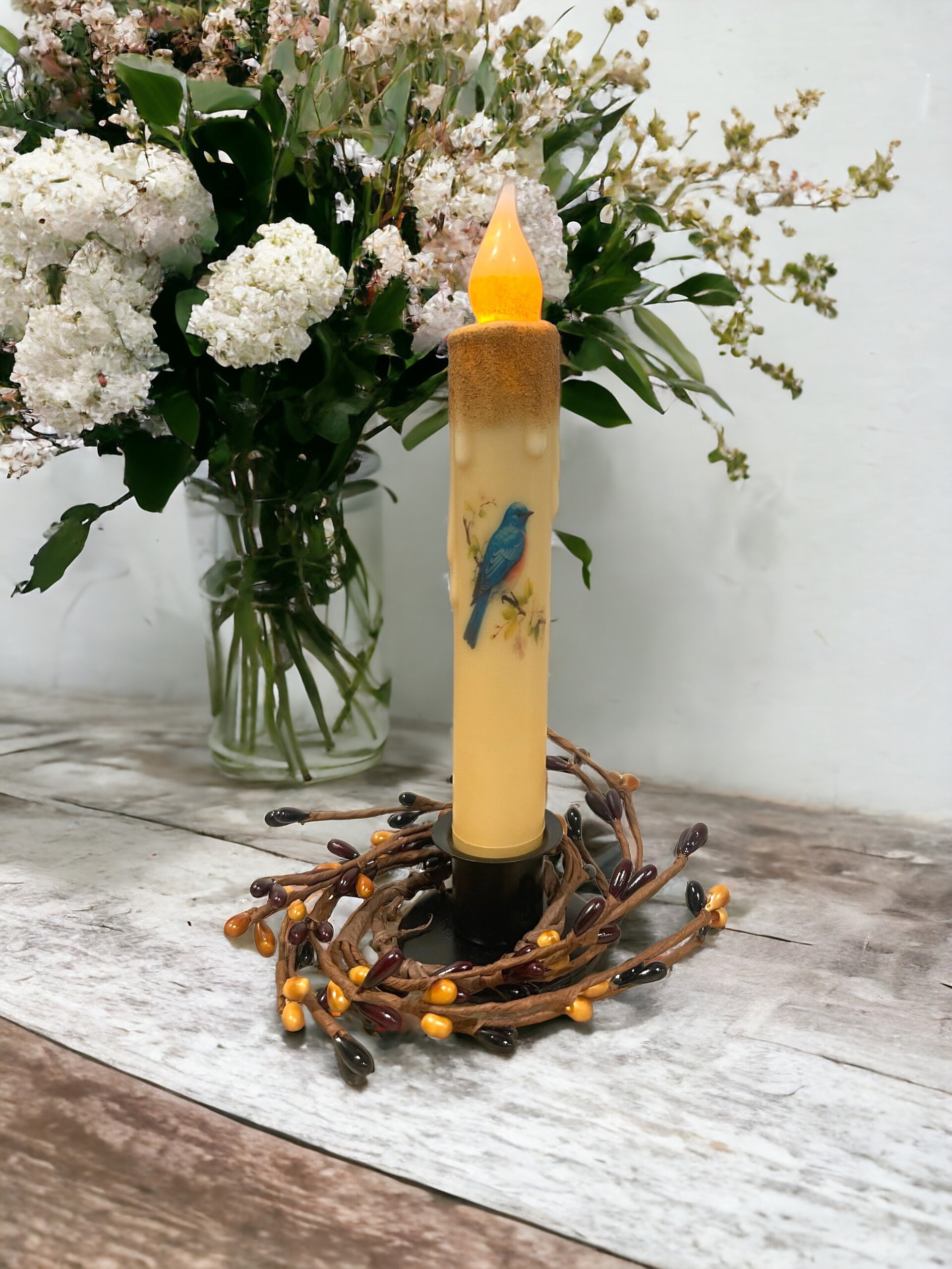Blue Bird Taper Candle & Taper Holder Set - Primitive 7" Battery ...