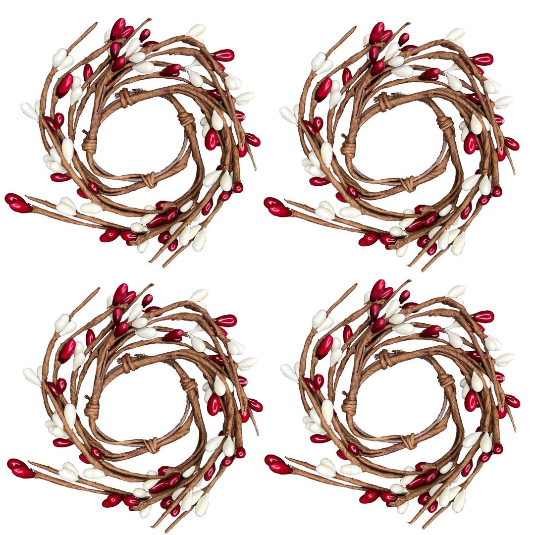 Set of 4 Red Cream Pip Berry Taper Candle Rings – 1.5