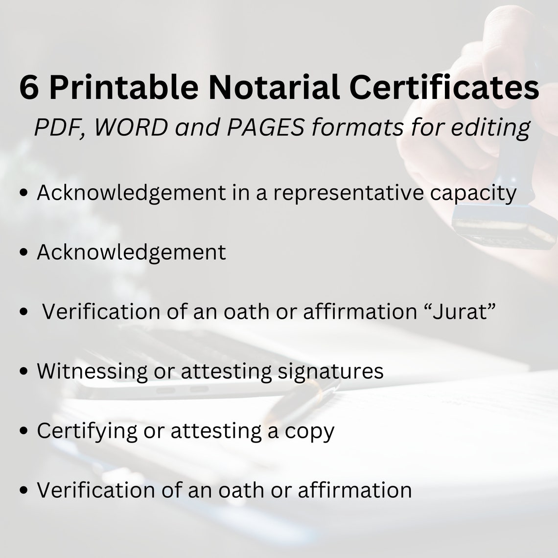 Notary Public Certificates, Jurat, Acknowledgment, Pre Made Printable ...