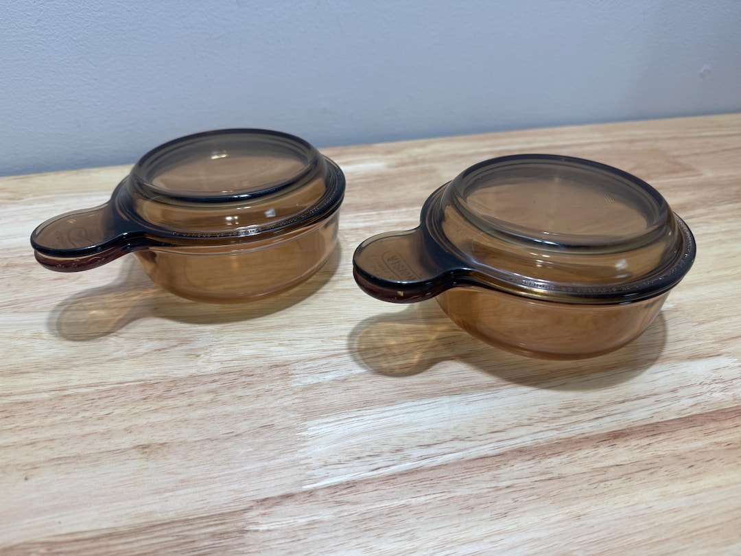 Two Corning Ware Amber Vision V-150-B Grab It Glass Dishes With P-150-C ...