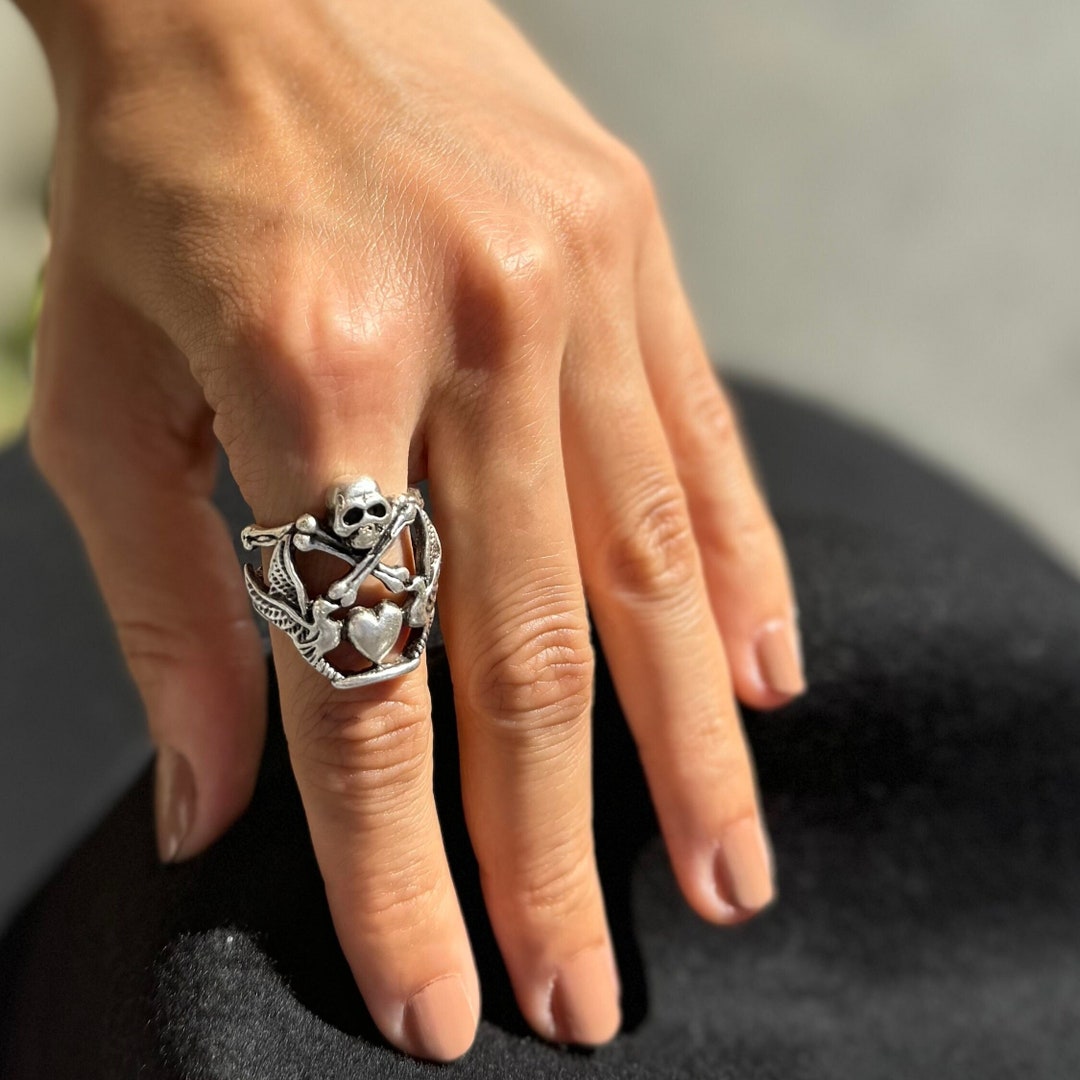 Silver Skull Ring, Crossbone Skull and Heart Ring, Large Skull Ring ...