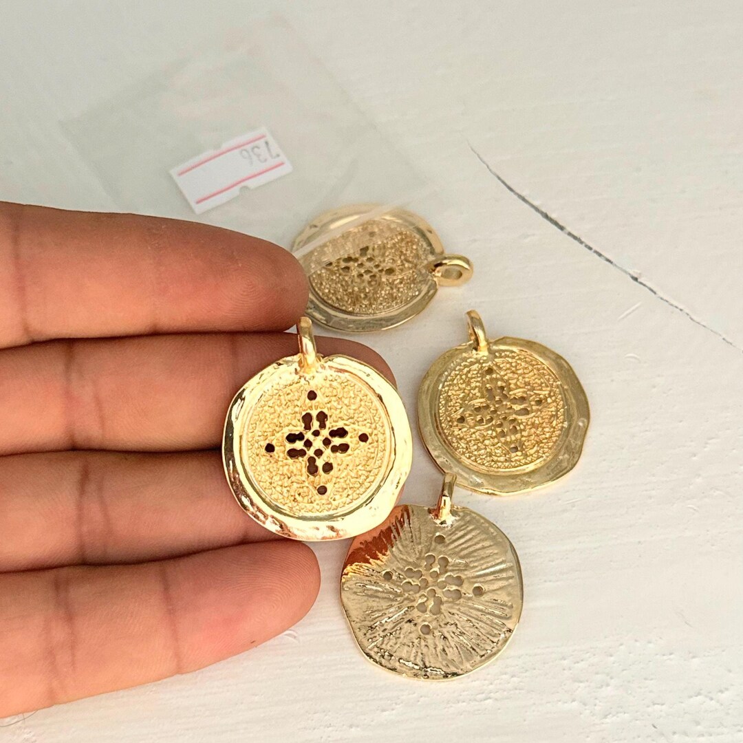Gold Round Charms, Shiny Gold Round Charm, Gold Coin Earring Charm ...