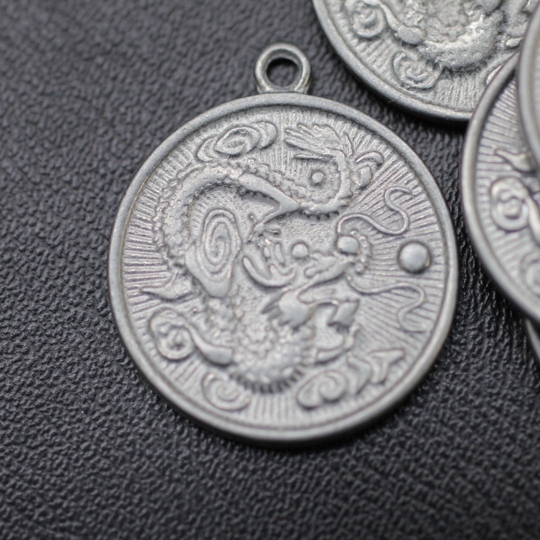Raw Pewter Dragon Coin Pendant: Chinese Zodiac Charm (5 Pcs) - Etsy