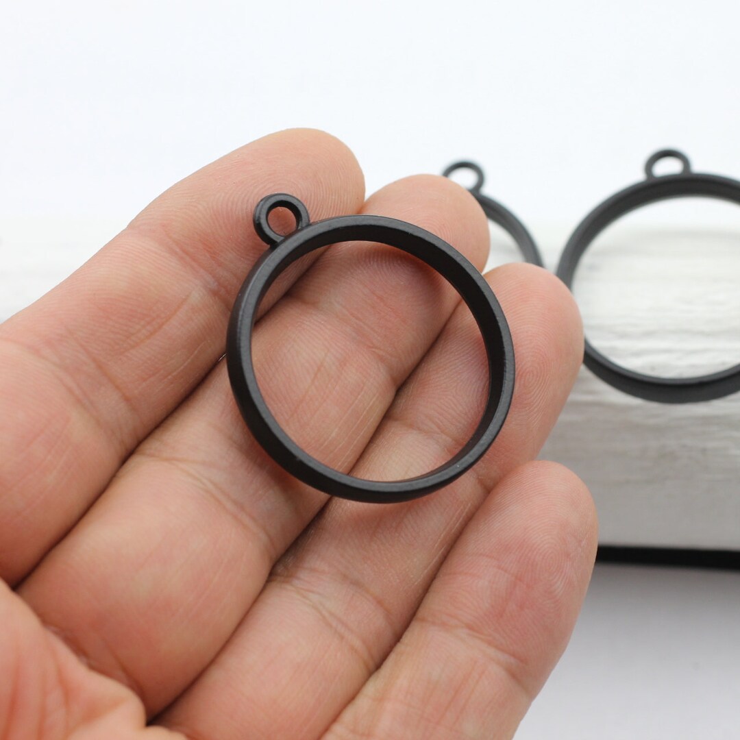 5 Matte Black Open Bezel Blank Round Frame Drop Round Hollow Pendants ...