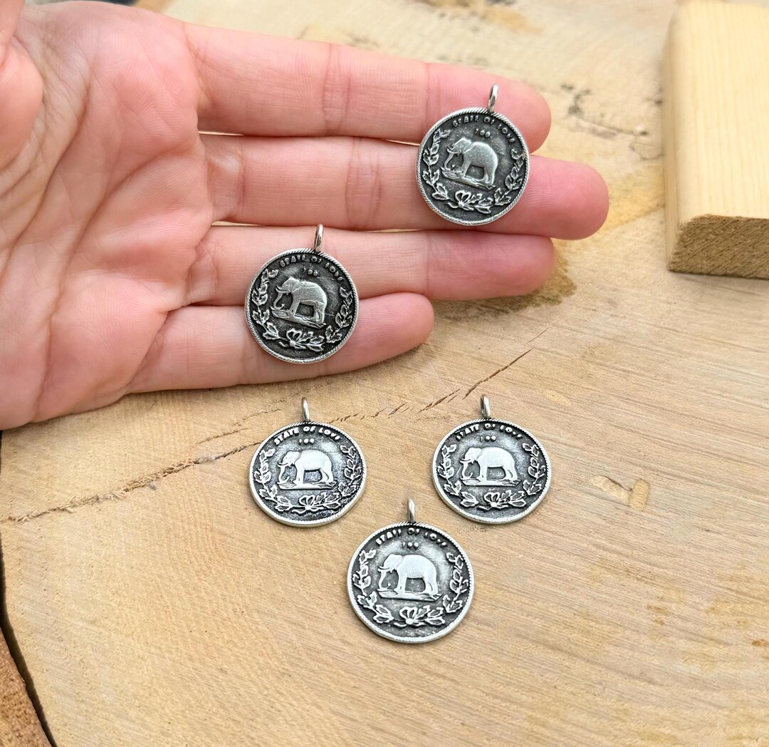 Antique Silver Elephant Coin Pendant: Handmade Zamak Medallion (5 Pcs ...