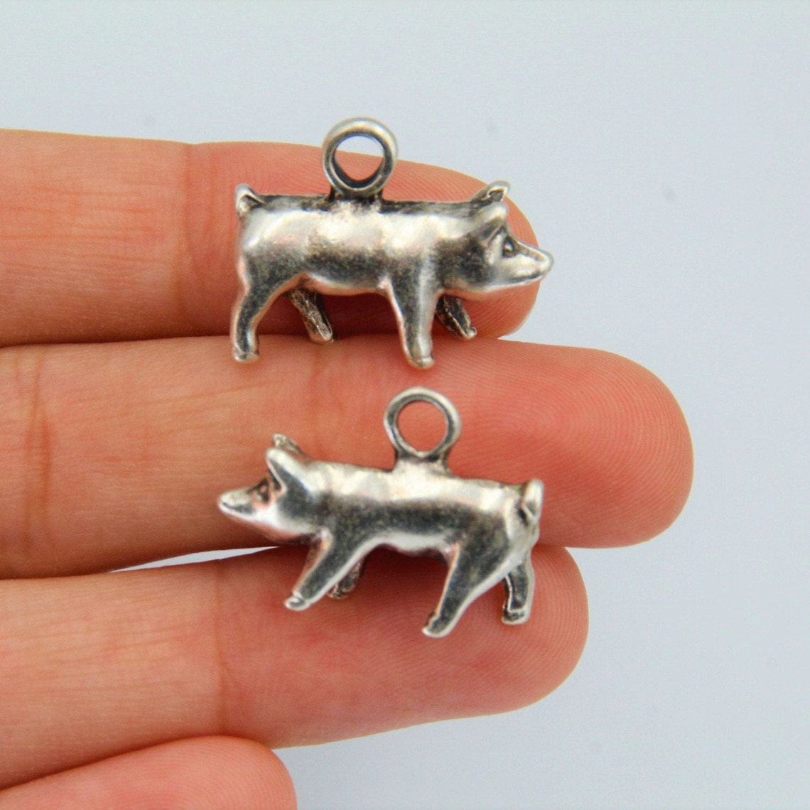 10 Antique Silver Pig Charms: Double Sided Animal Pendants - Etsy