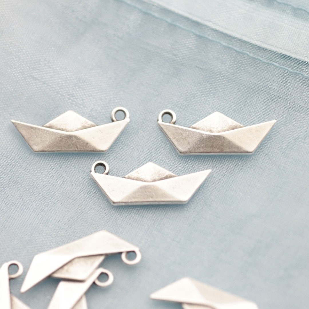 10 Pcs. Paper Origami Boat Charms, Sterling Silver Plated Antique ...