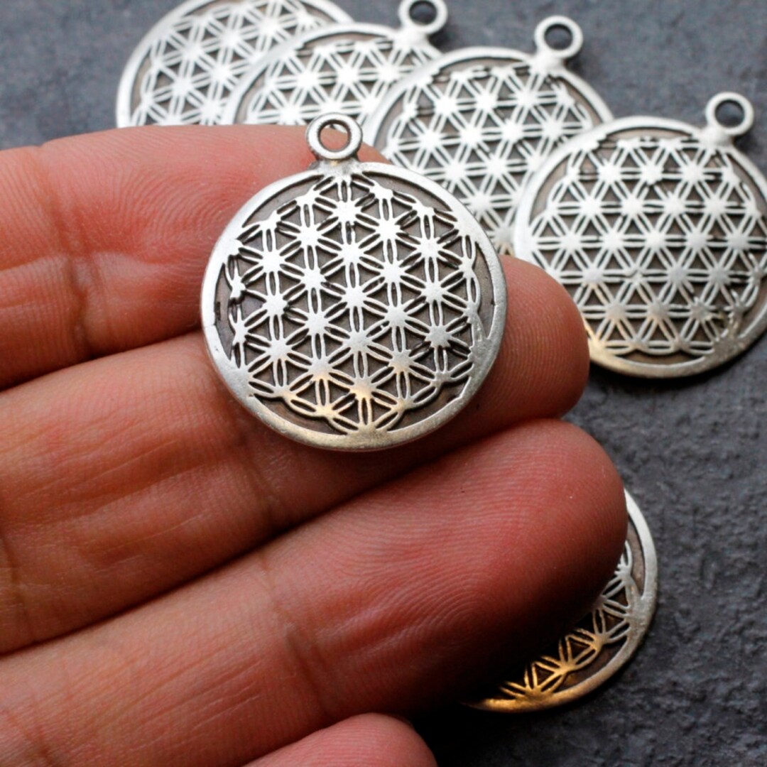 Silver Flower of Life, Sacred Geometry Charm, Antique Silver Mandala ...
