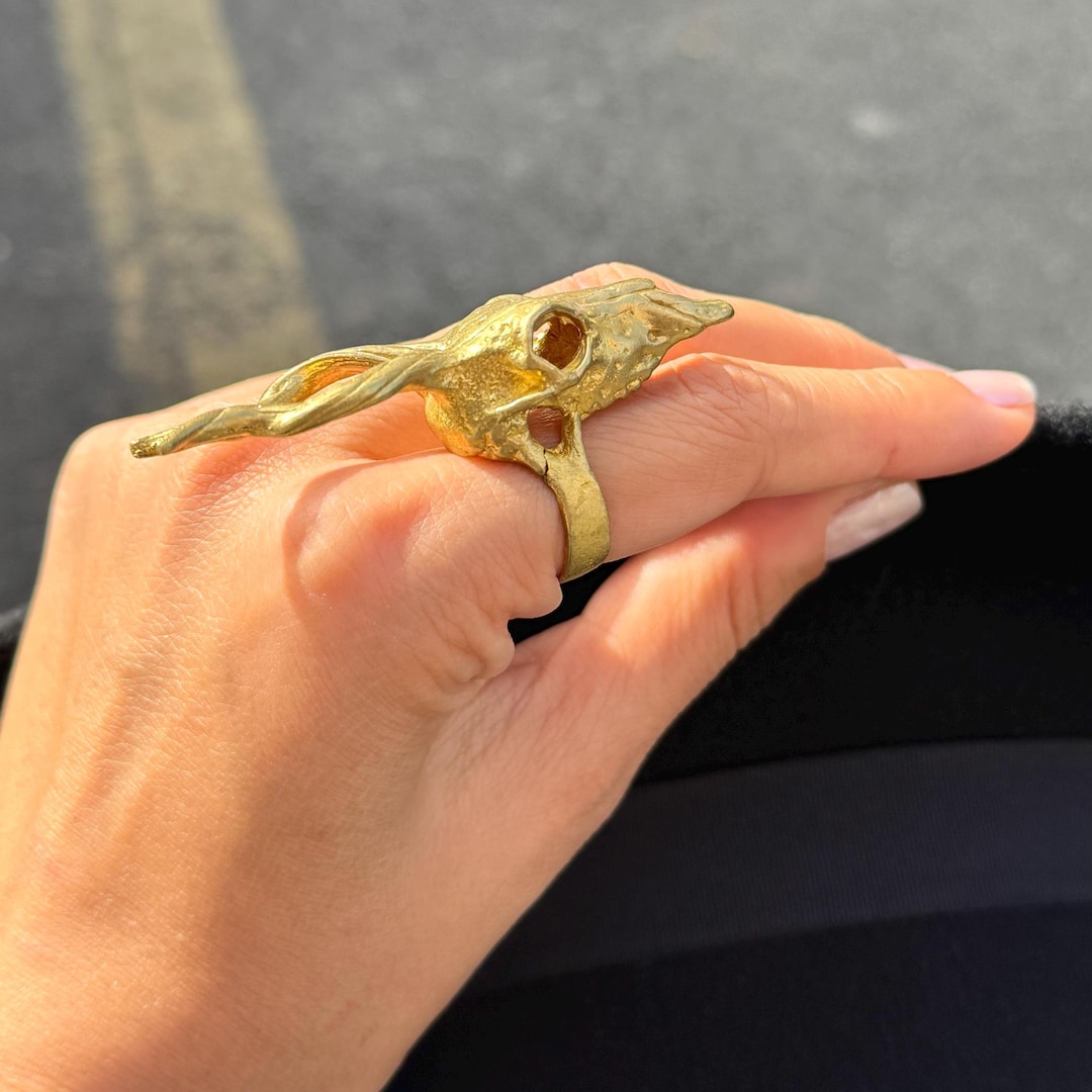 Brass Deer Skull Ring: Adjustable Gothic Animal Jewelry - Etsy