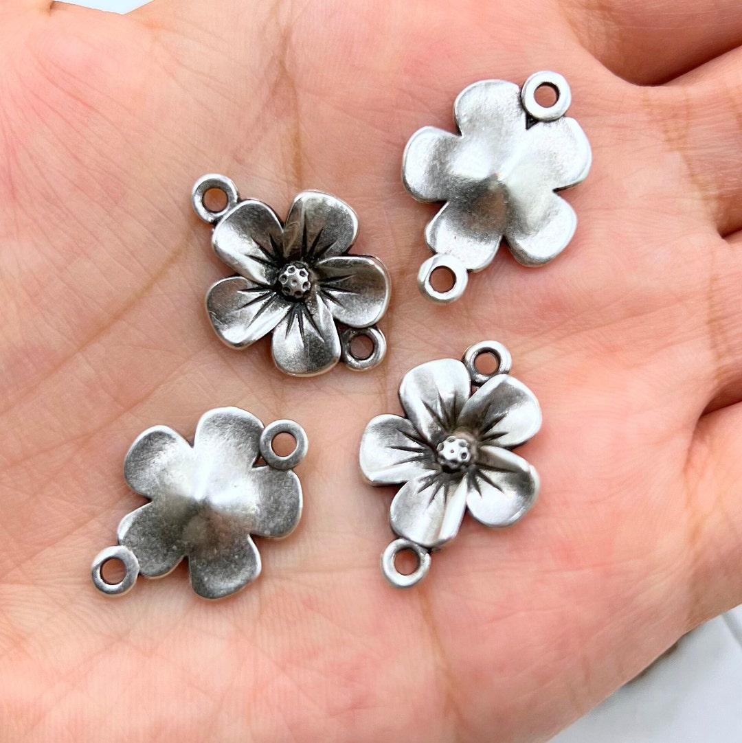 10 Pcs 2 Hole Connector Charm, Rose Connector Charm, Silver Metal ...