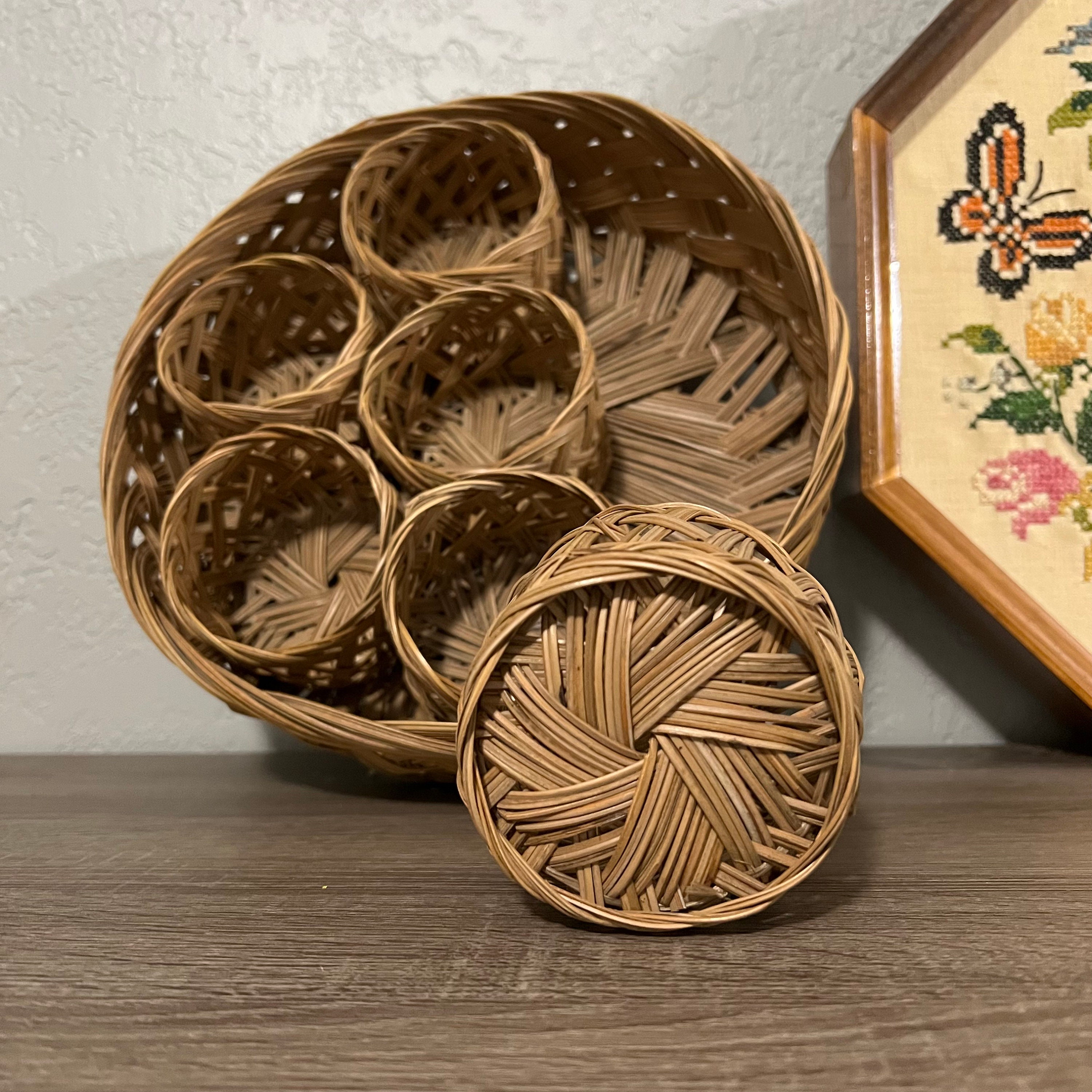 1970s Set of 7 Glassware Wicker Holders and Wicker Bowl - Etsy