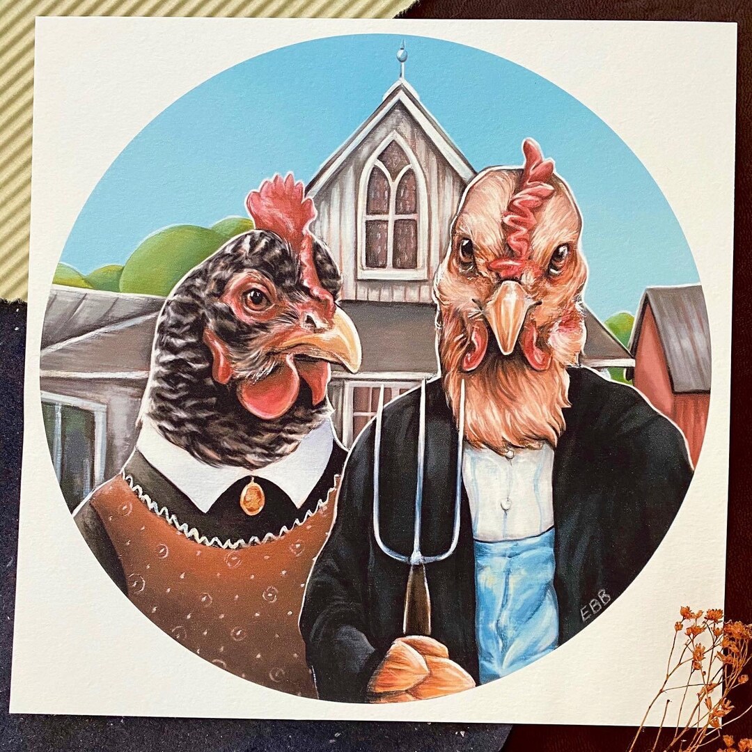 American Gothic Chickens Art Print – Farmhouse Gothic, 8x8 Watercolor ...