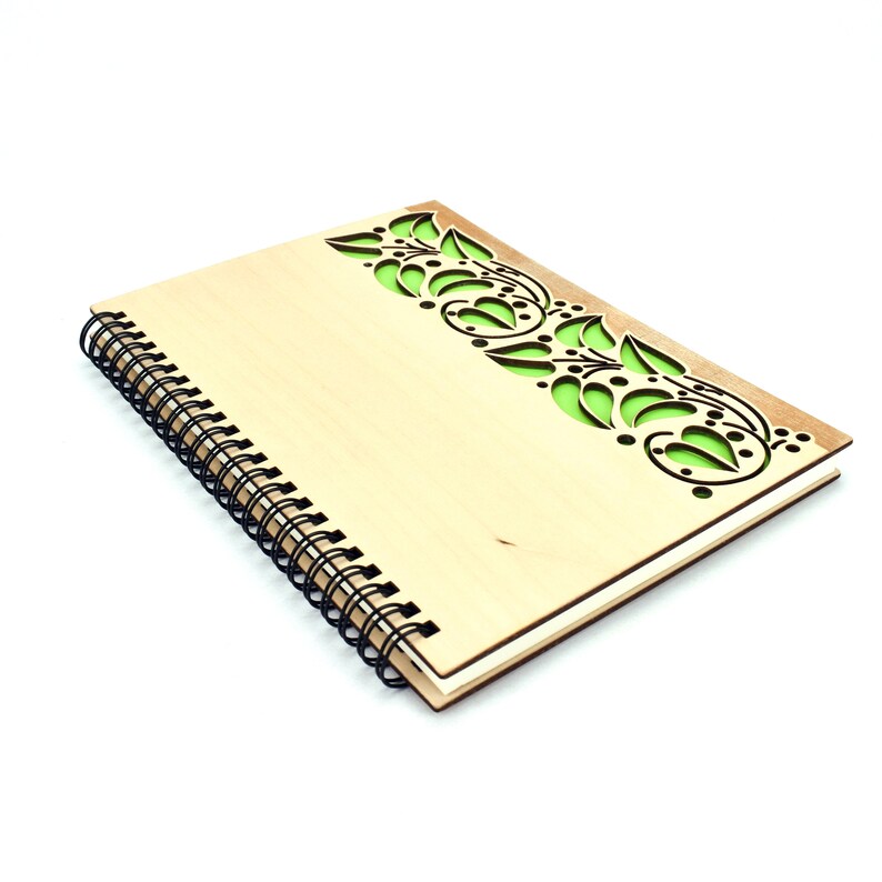 Wooden Notebook With Green Flowers Diary With Carved Flower - Etsy