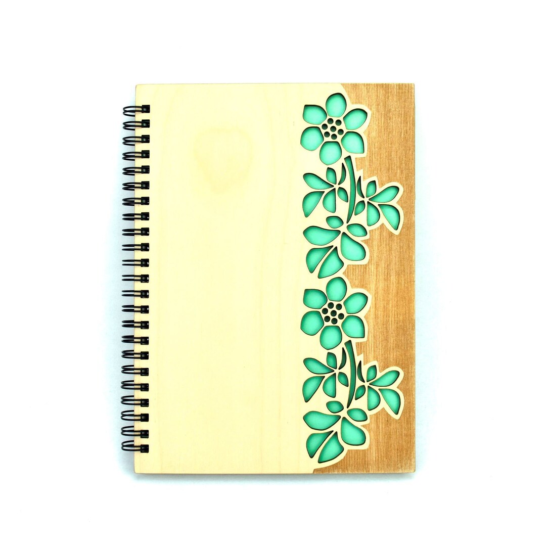 Wooden Notebook With Green Flowers Diary With Carved Flower Natural ...