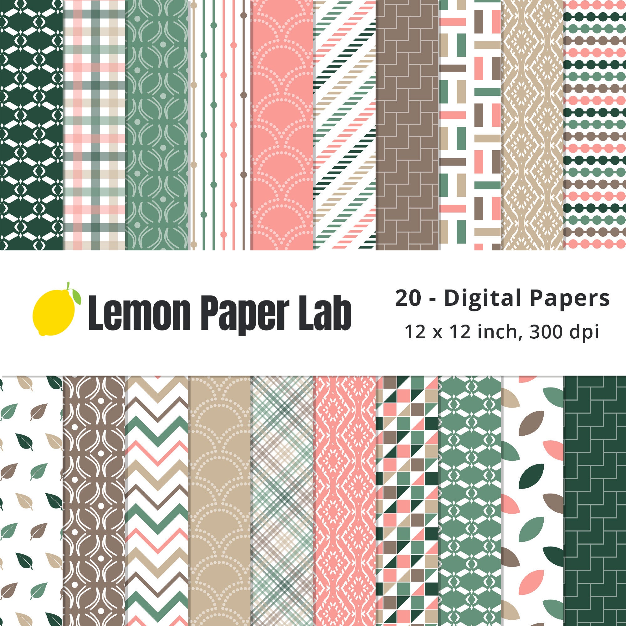 Pink and Green Digital Paper, Seamless Geometric Patterns, Coral and ...