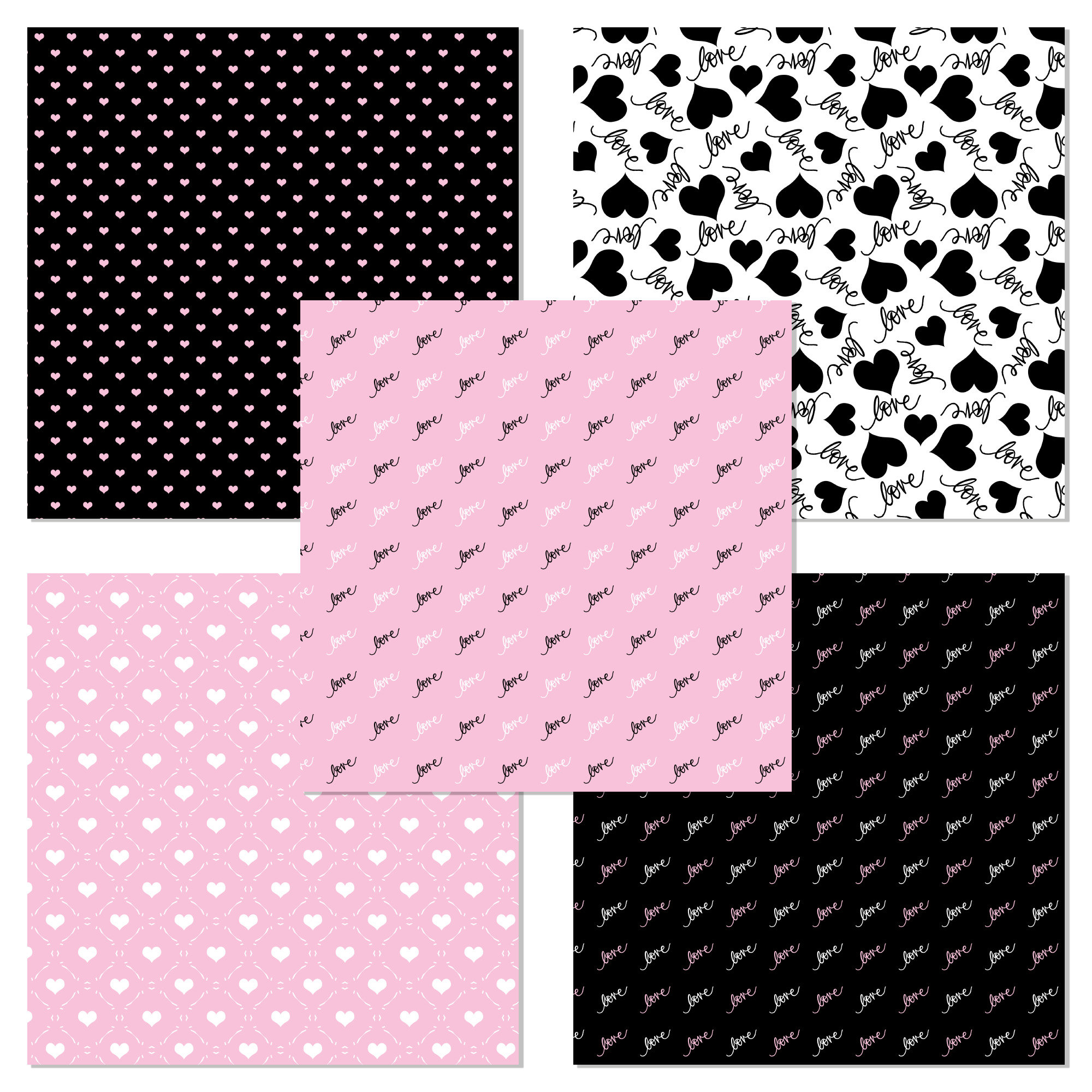 Light Pink, Black & White Digital Paper, Pink Heart Patterns, Valentine ...