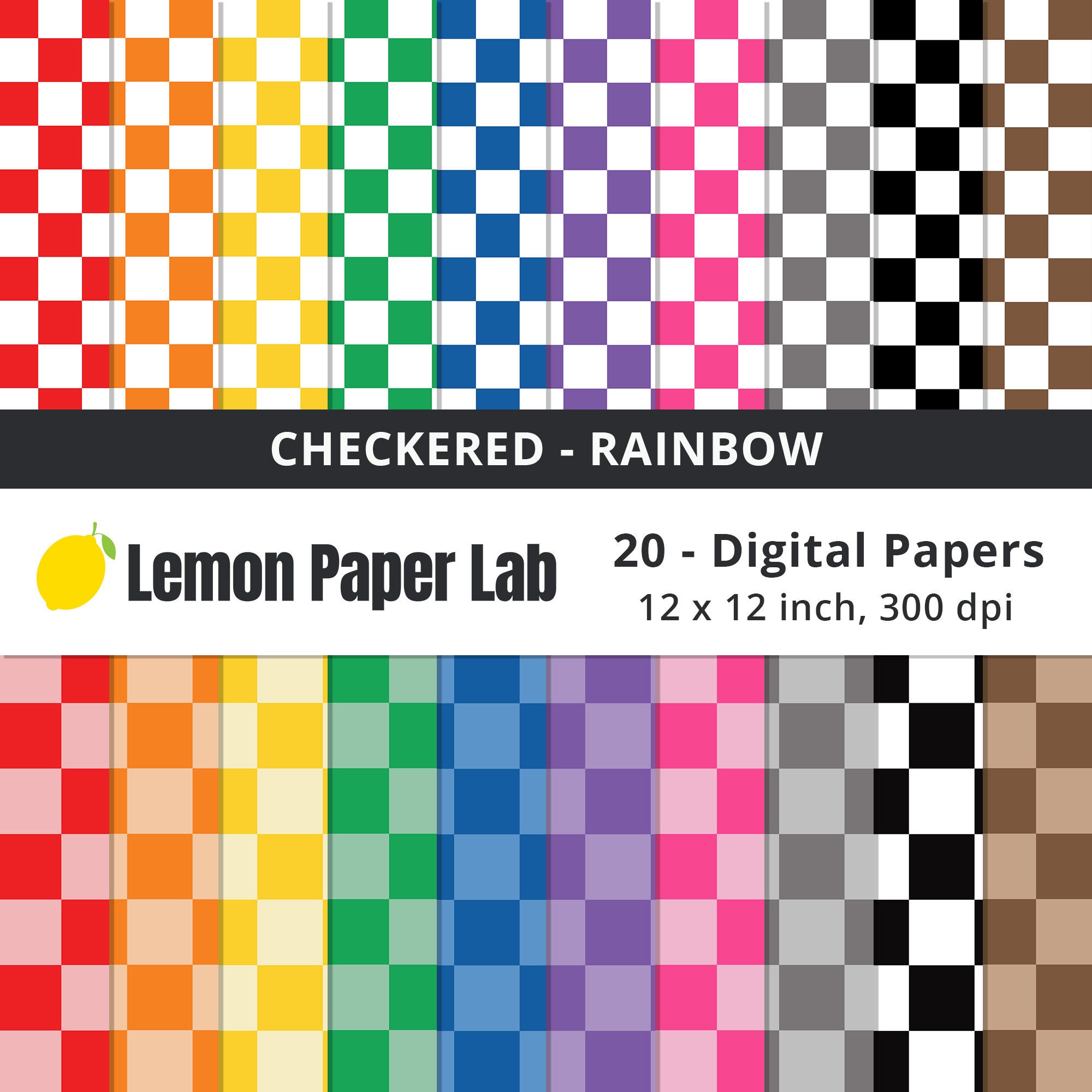 Checkered Digital Paper, Rainbow Check Paper, Red, Orange, Yellow ...