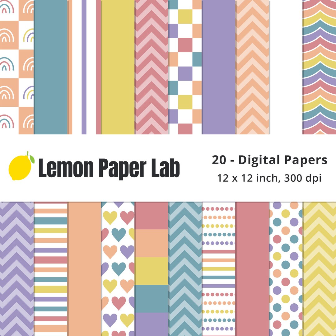 Pastel Rainbow Digital Paper, Solid, Rainbows, Stripe, Heart, Check ...