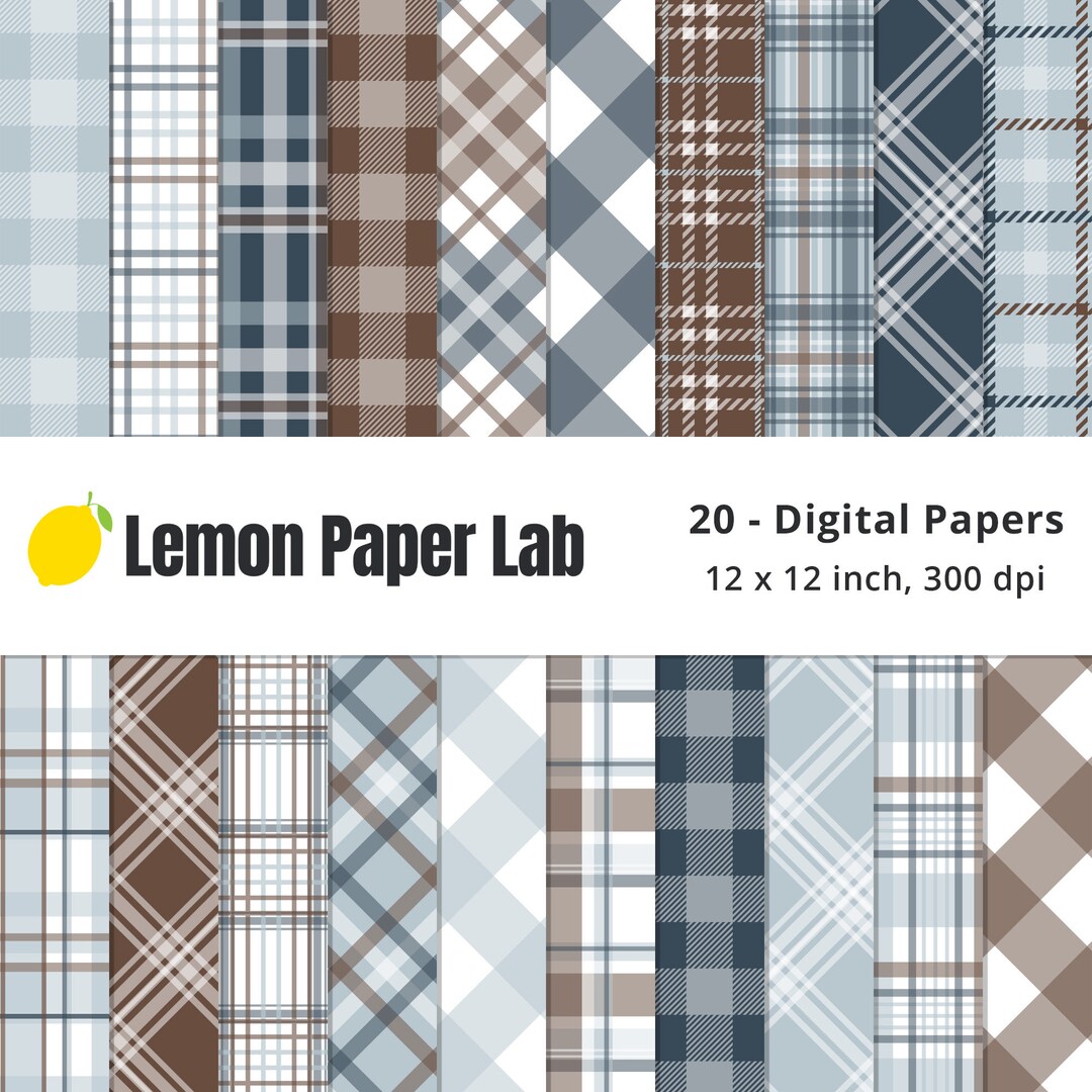 Blue Plaid Digital Paper, Blue, Brown, Blue Grey & White Plaid Patterns ...