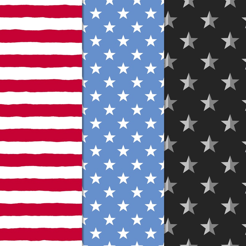 4th of July Digital Paper Red, White and Blue Stars, Seamless Patterns ...