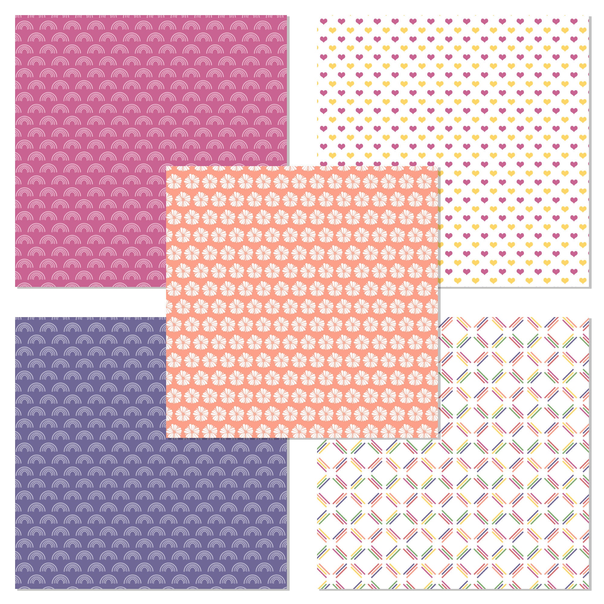 Rainbow Digital Paper, Flower, Heart, Rainbows & Geometric Patterns ...